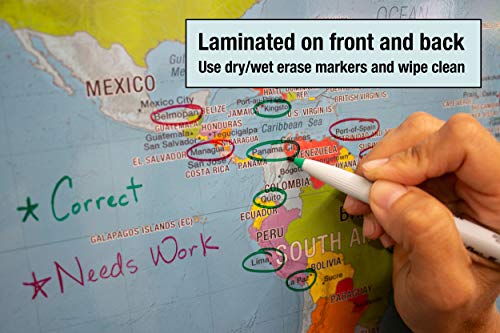Laminated World Scholar Map Poster | Educational Elementary School Version | Easy-to-Read Large Labels | 36” x 24” | Shipped in a Tube, Not Folded | Great for The Home or Classroom