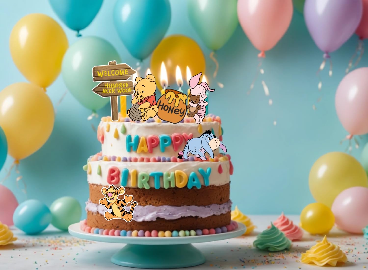 Classic Winnie Cake Topper Set Cute Baby Shower Birthday Cake Toppers Double-Side Pooh Cutouts(12 Pack)