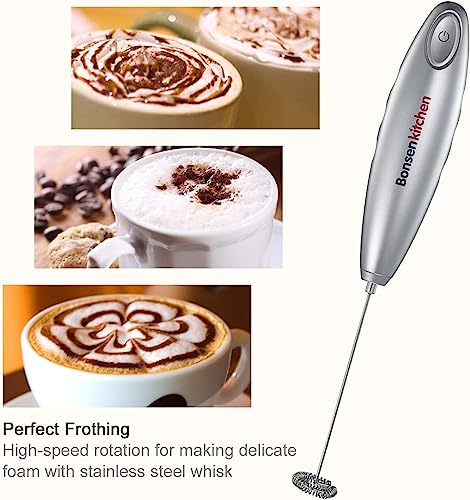 Bonsenkitchen Milk Frother Handheld, Automatic Milk Foam Maker Hand Frother for Coffee, Matcha, Hot Chocolate, Battery Operated Mini Drink Mixer-Silver