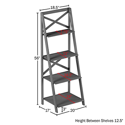 Lavish Home 4-Tier Ladder Bookshelf - Freestanding Shelved Bookcase with X-Back Frame and Leaning Look - Display Shelves for Home and Office (Gray)
