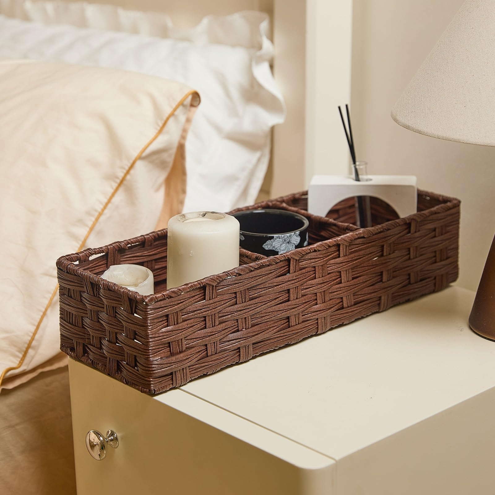 Buaihekefei Toilet Tank Topper Paper Basket ,Bathroom Organizers and Storage ,Waterproof Plastic Wicker Baskets for Organizing,Back of Toilet Basket with dividers,Brown, 2-Pack