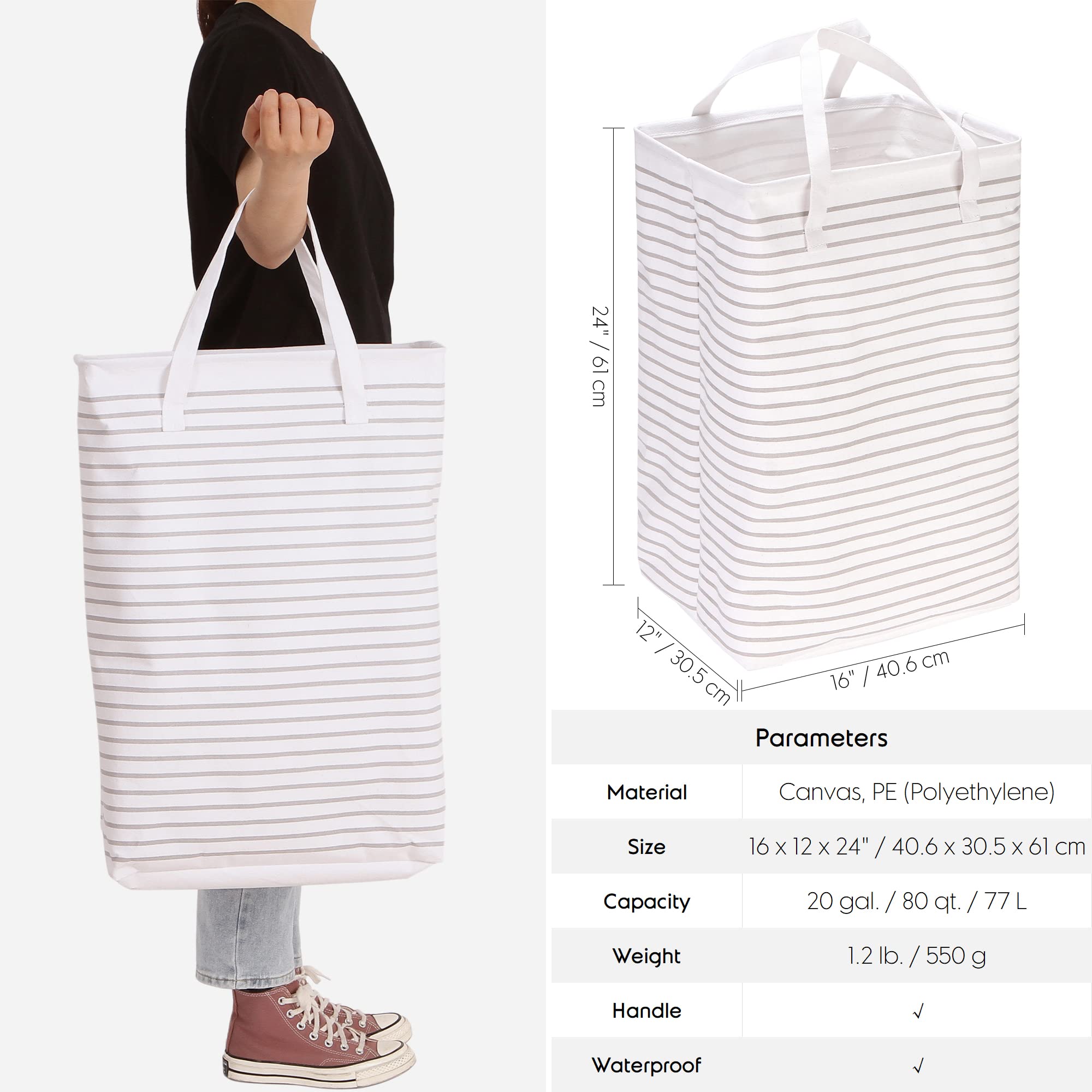 Hinwo 20 Gal / 77L Freestanding Large Laundry Hamper, Collapsible Laundry Storage Basket with Easy Carry Extended Handles for Clothes Toys, 16 x 12 x 24 Inches, Grey Stripe