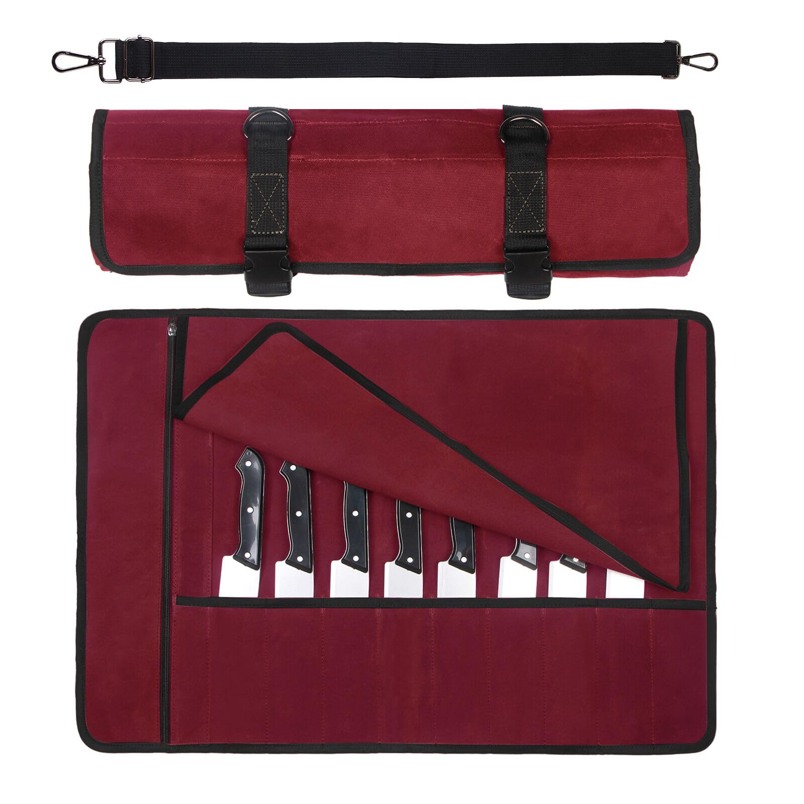 Chef Knife Roll Bag,Waxed Canvas Knife roll bag,Portable 10 Slots Chef Knife case with 1 Zipper Pockets,Heavy Duty Knives Roll Bags for Chef Case for Camping and Hold Home Kitchen Knife Tools Up (Red)
