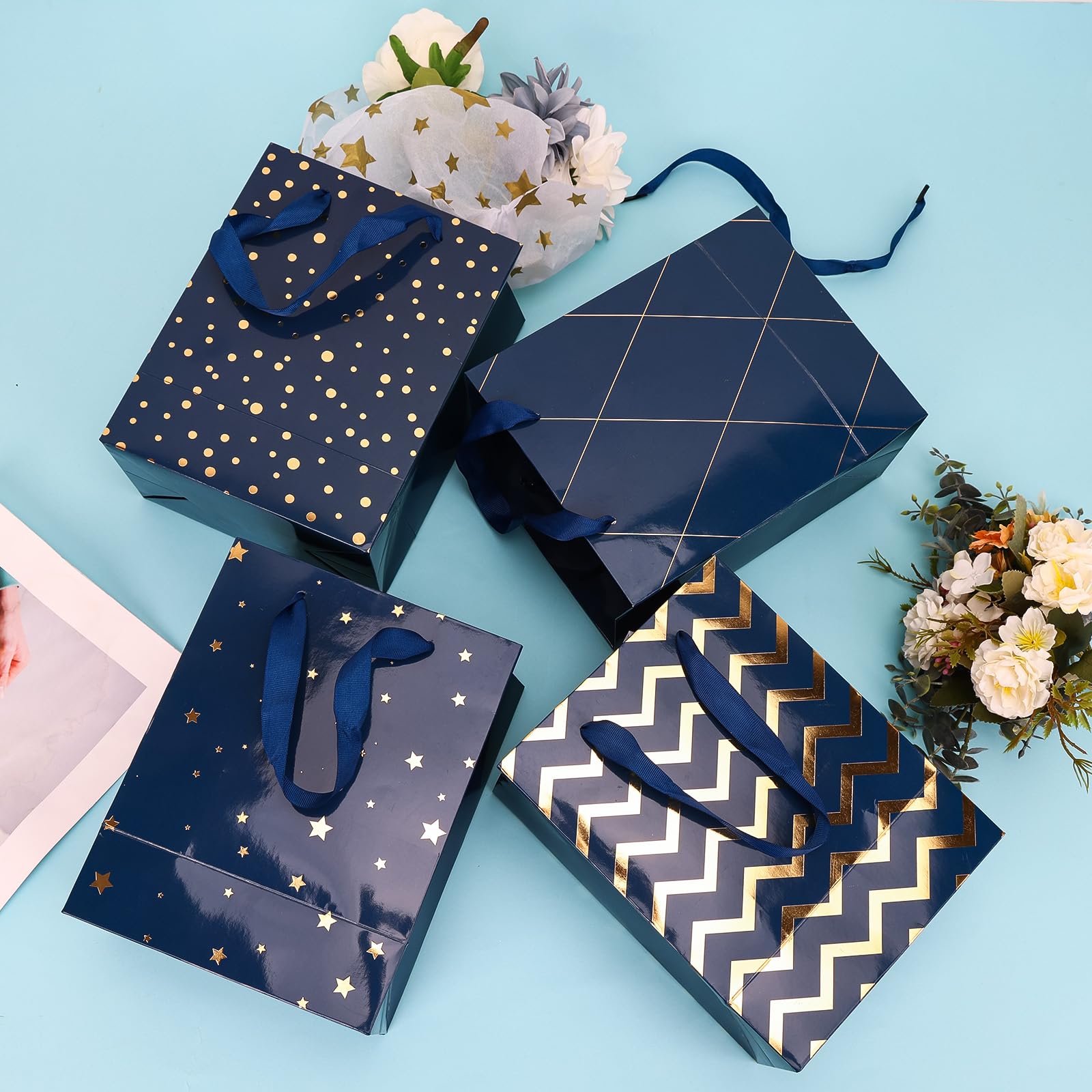 Moretoes 4 Pack Gift Bags Medium Size with Tissue Paper, Blue Gift Bags Assorted Premium for Birthday, Graduations, Wedding, Thanksgiving, Holiday, Father's Day (7" X 4" X 9")