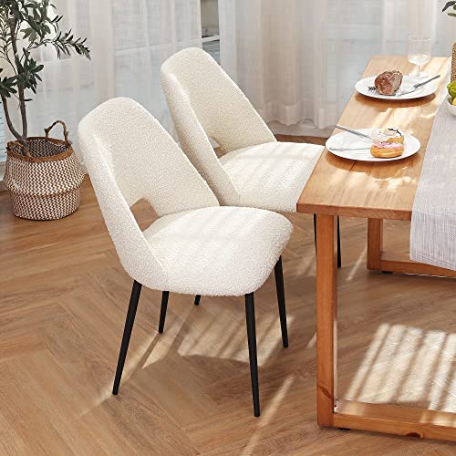 JIRAIN Mid Century Modern Dining Chair Set of 2, Boucle Fabric Upholstered Dining Chairs with Metal Legs, Round Back Sherpa Chairs for Kitchen Living Room(Armless, Beige)