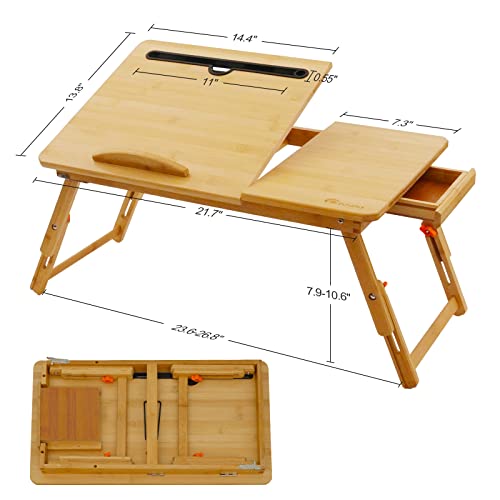 Lap Desk, COIWAI Laptop Desk for Bed, Bamboo Adjustable Height Angle Foldable Stand with Tablet Phone Slot Storage Drawer, Portable Tray Table for Netebook Computer Breakfast Work Study Reading Kids