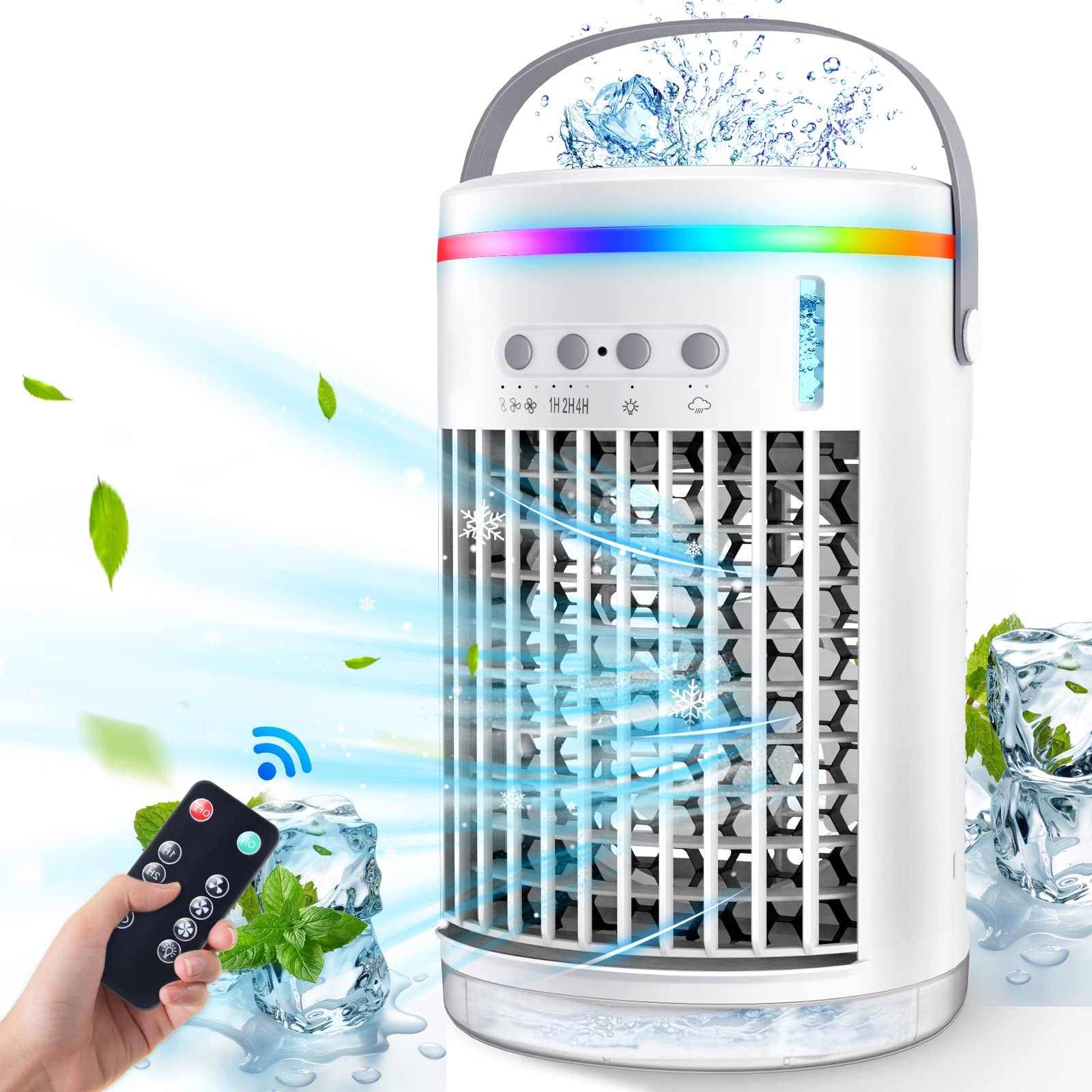 Mencapai Portable Air Cooler Fan, 4 in 1 Personal Evaporative Air Conditioner with 1400ML Water Tank, Remote Controller, Timer, 3 Wind Speeds, 2 Misting Modes and LED Light, for Home Office Bedroom
