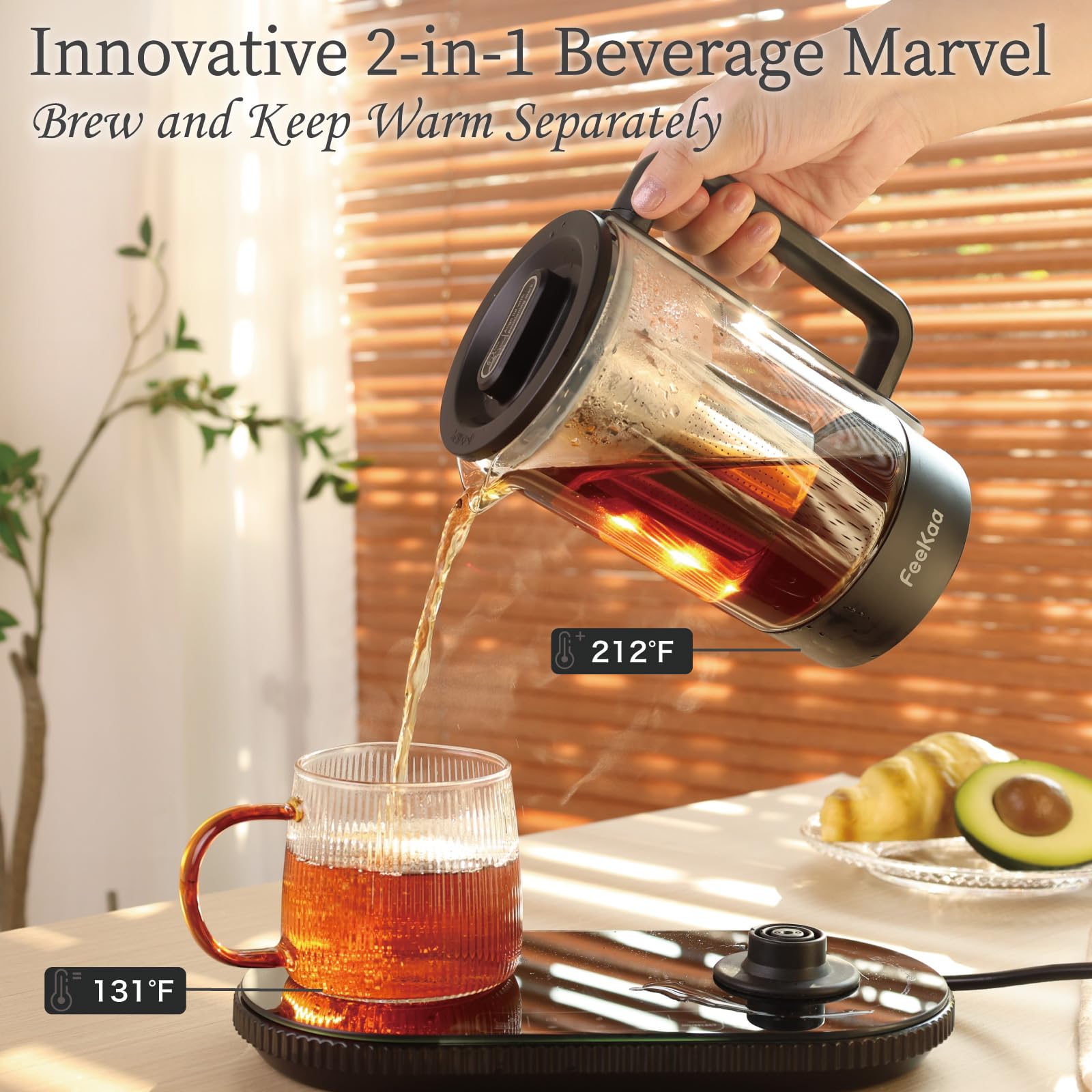 Feekaa Electric Tea Kettle with Cup Warmer, Small Glass Hot Water Boiler, Tea Kettle Set for Home and Office with Removable Stainless Steel Infuser, Auto Keep Warm, Green Tea/Coffee, BPA Free, Black