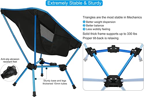 MARCHWAY Lightweight Folding Camping Chair, Stable Portable Compact for Outdoor Camp, Travel, Beach, Picnic, Festival, Hiking, Backpacking, Supports 330Lbs (Blue)