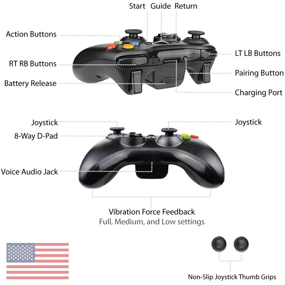 BEK Controller Replacement for Xbox 360 Controller Wireless Remote Gamepad, Non-Slip Joystick Thumb Grips, Double Shock, Live Play, Compatible with Microsoft Xbox 360 Slim PC Windows 10 8 7 (Black)