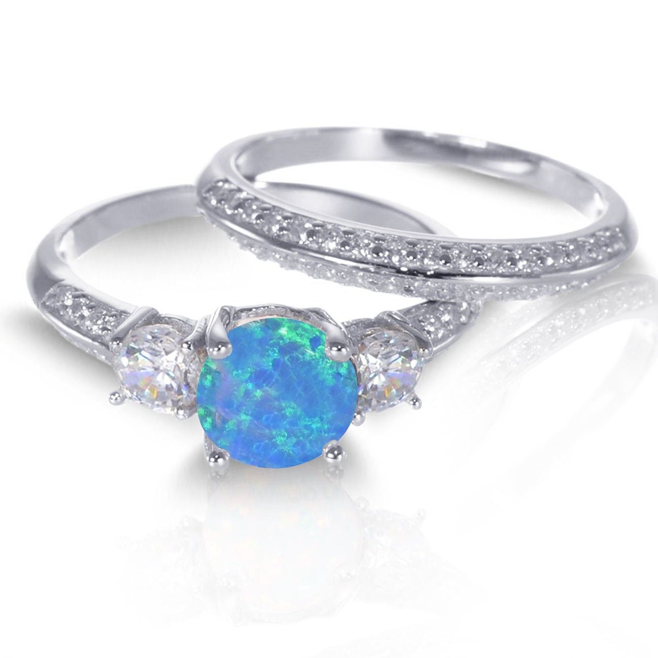 Bijoux Central Round Simulated Blue Fire Opal Dual Layered Clear CZ Wedding Engagement Genuine Sterling Silver Ring Set