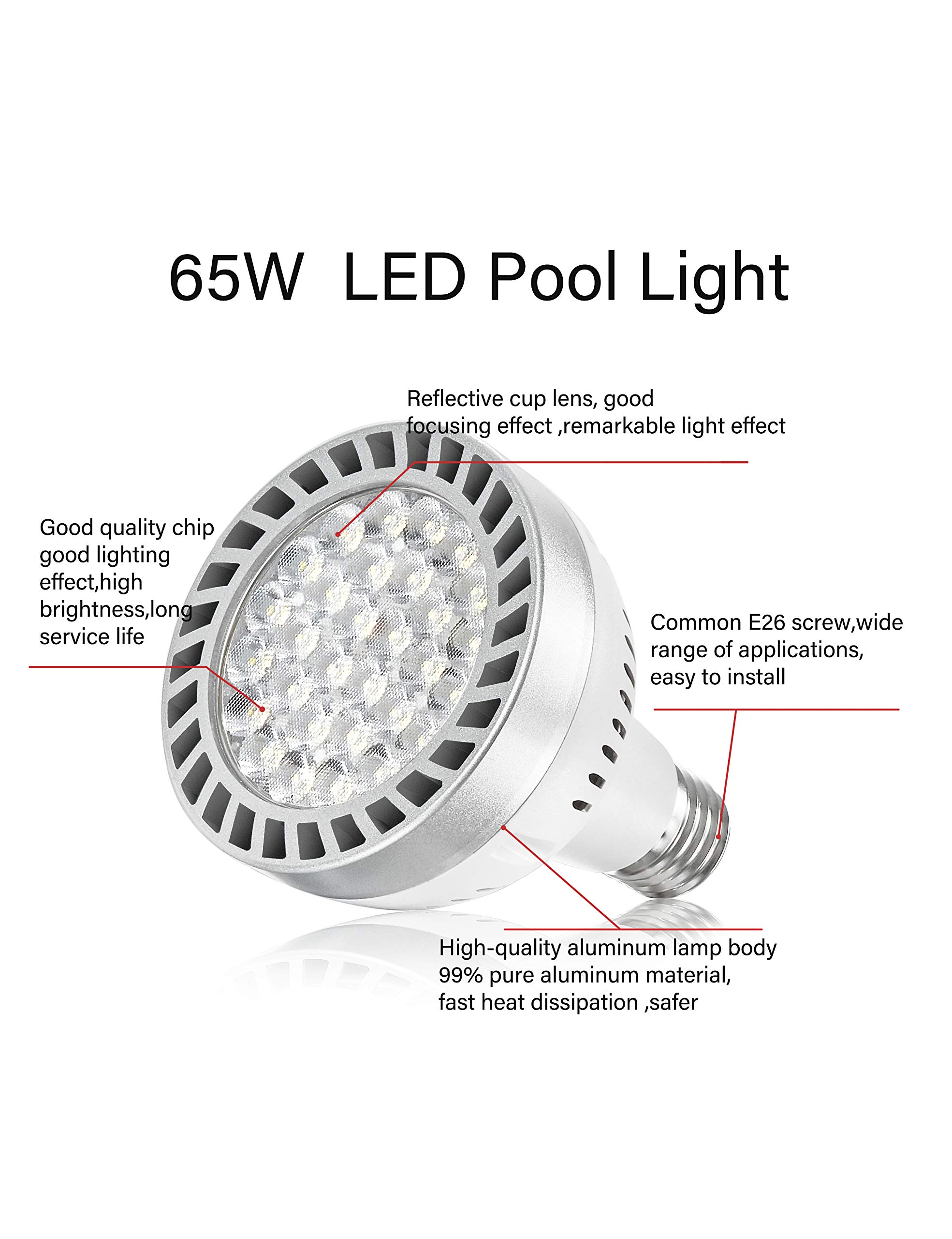 Broadroad LED Pool Light Bulb 120V 65W Daylight White 6000K Swimming Pool 6000LM Pool Light Bulb Replacement for Most Pentair Hayward Light Fixtures (Pool 65W)