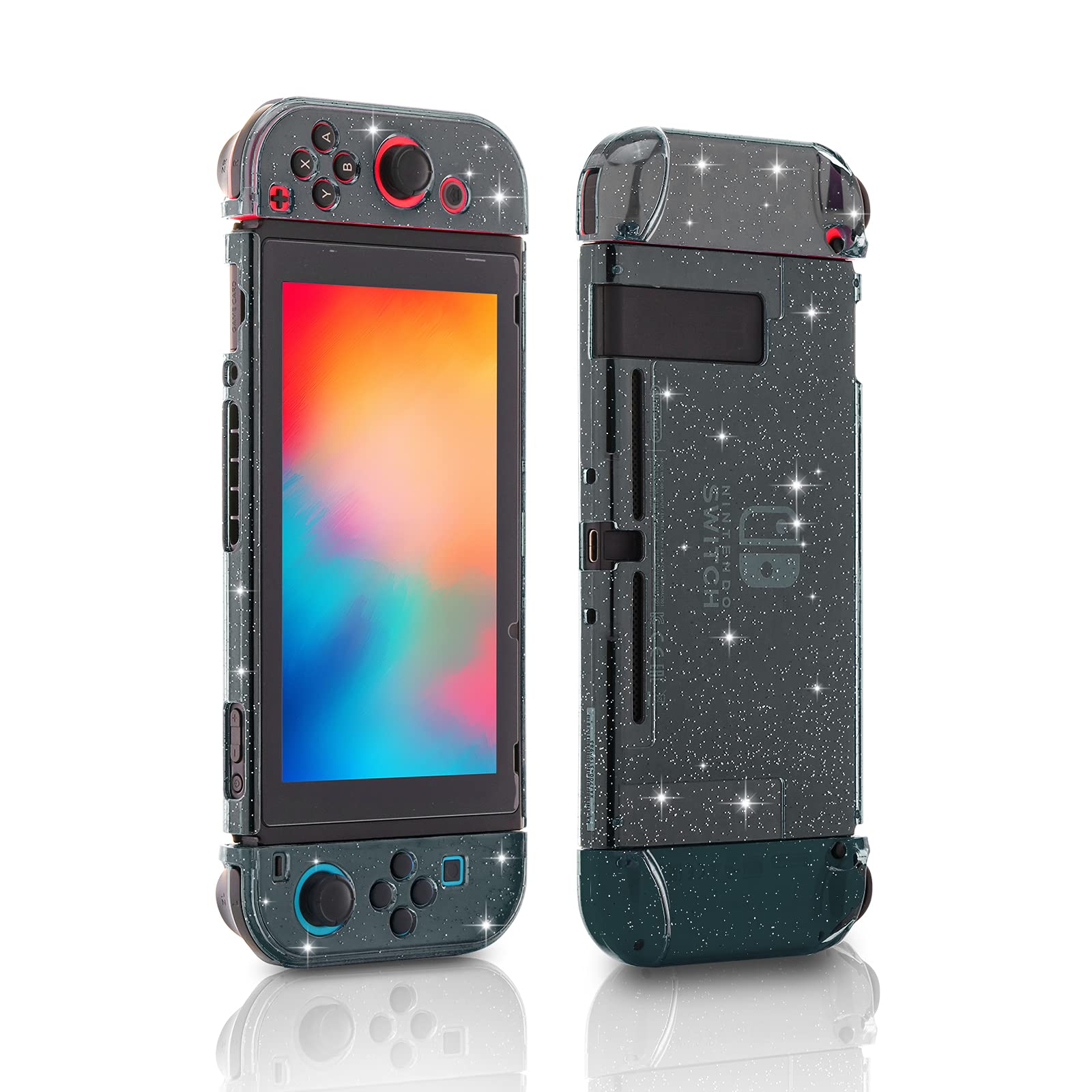 Switch Glitter Case, Switch Protective Case with Tempered Glass Screen Protector and Thumb Grip Caps - Black