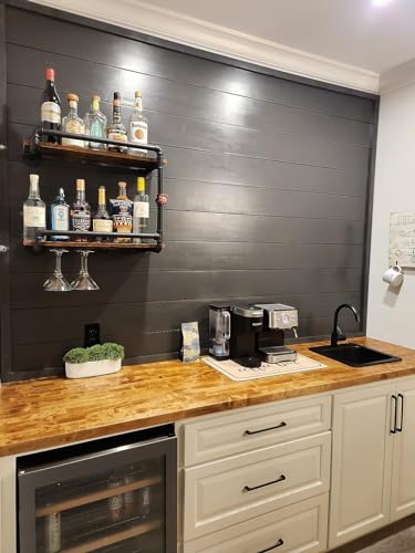 BOTAOYIYI Wine Rack Wall Mounted 2 Tier, Hanging Floating Small Mini Bar Liquor Shelves with Glass Holder Storage Under, Industrial Rustic Pipe Farmhouse Kitchen Decor Black(23.6x10.6x19.7)