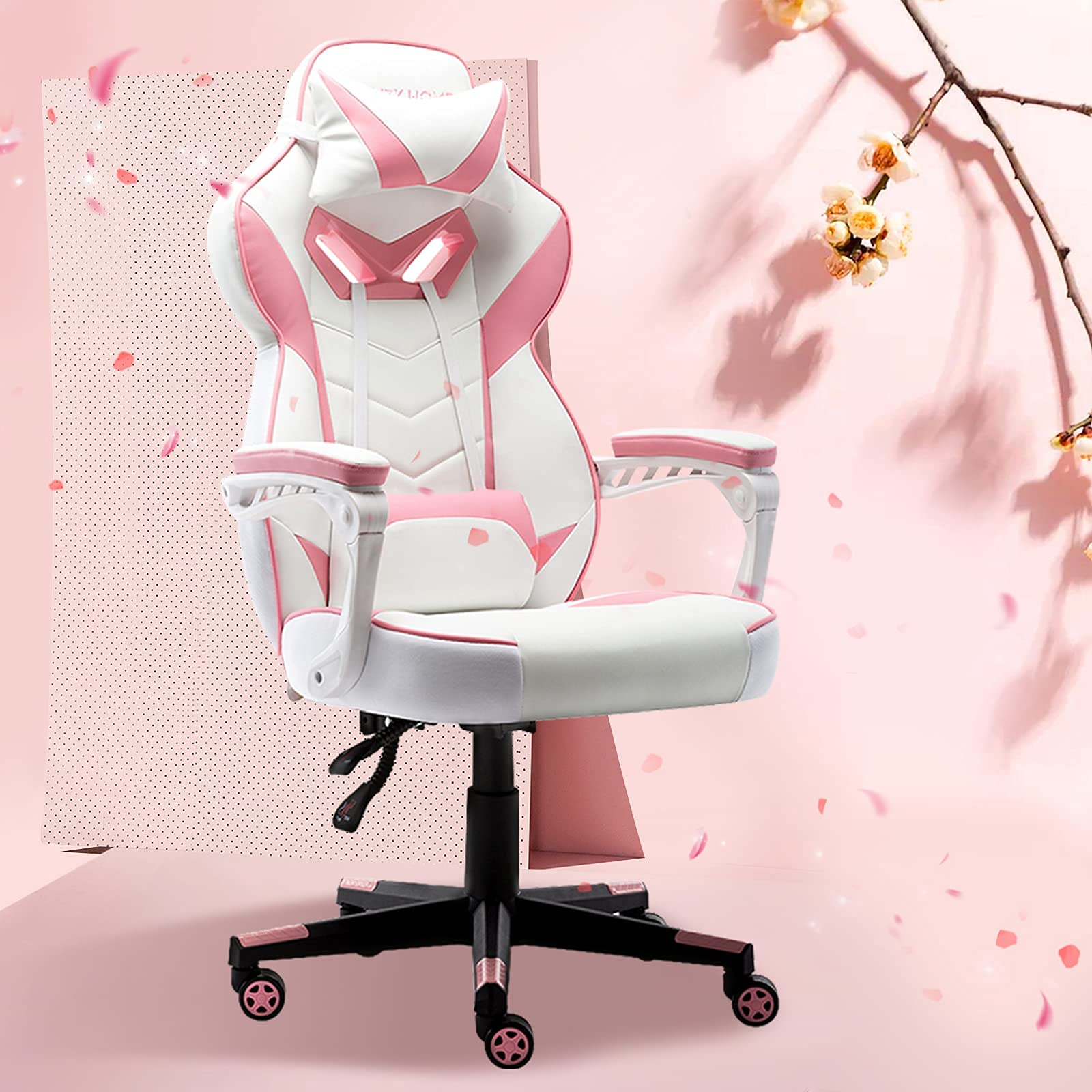 Bonzy Home Gaming Chair Office Chair High Back Computer Chair PU Leather Desk Chair PC Racing Executive Ergonomic Adjustable Swivel Task Chair with Headrest and Lumbar Support (Pink)