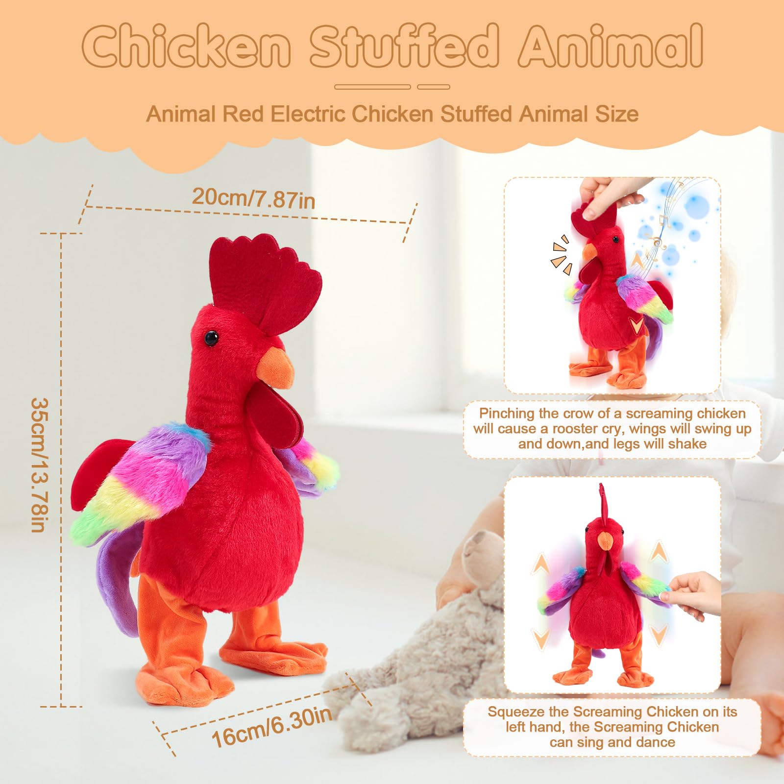 SdeNow Musical Squawking Chicken Stuffed Animal Walking Singing Waving Rooster Fun Electronic Interactive Animation Plush Toys Gifts for Kids