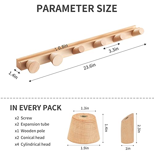 KooNiosio Wooden Coat Hook Wall Mounted Coat Rack Decorate 6 Hooks , Rubber Wood Coat Hook Rail for Clothes Hat Towel Robes (24 inch)