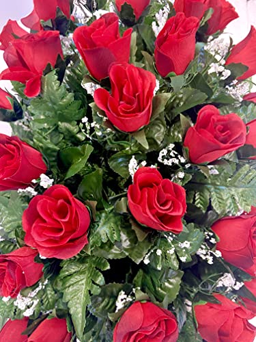 Cemetery Flowers for Grave Decoration with Red Rose Buds and Baby's Breath made into a Saddle Arrangement for Headstones