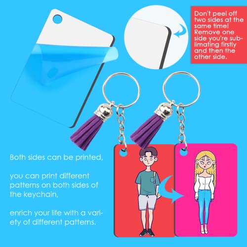 HTVRONT Sublimation Keychain Blanks Bulk - 120Pcs Sublimation Blanks Keychain with Blue Protective Film - MDF Rectangle Keychain with Tassels - Heat Transfer Keychain Blanks Double Sided