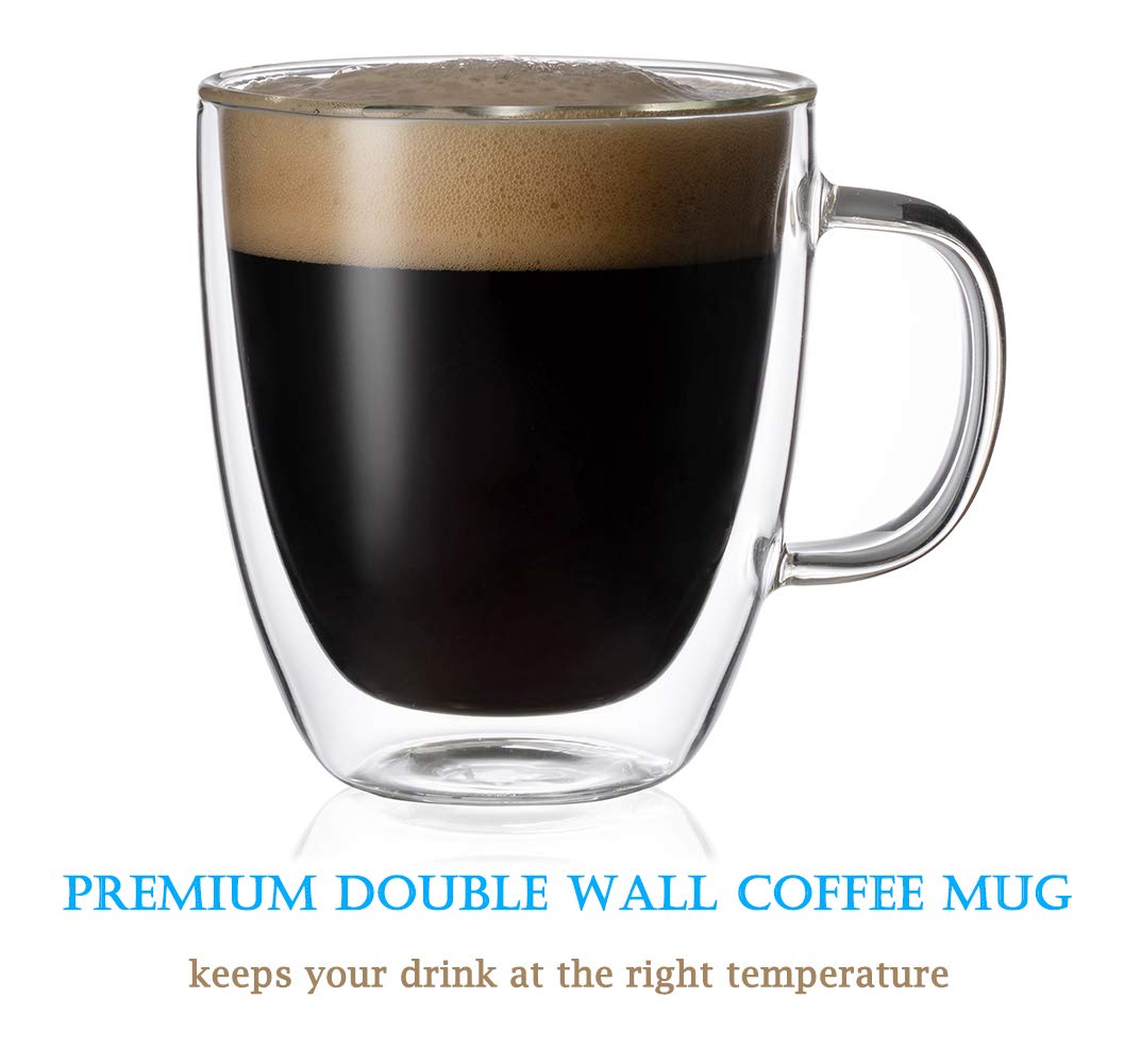 BothEarn Glass Coffee Mug Set of 2 - Double Wall Clear Espresso Cup with Large Handle, Great for Latte, Cappuccino and Juice, 19 Ounce (560 ml), BE026