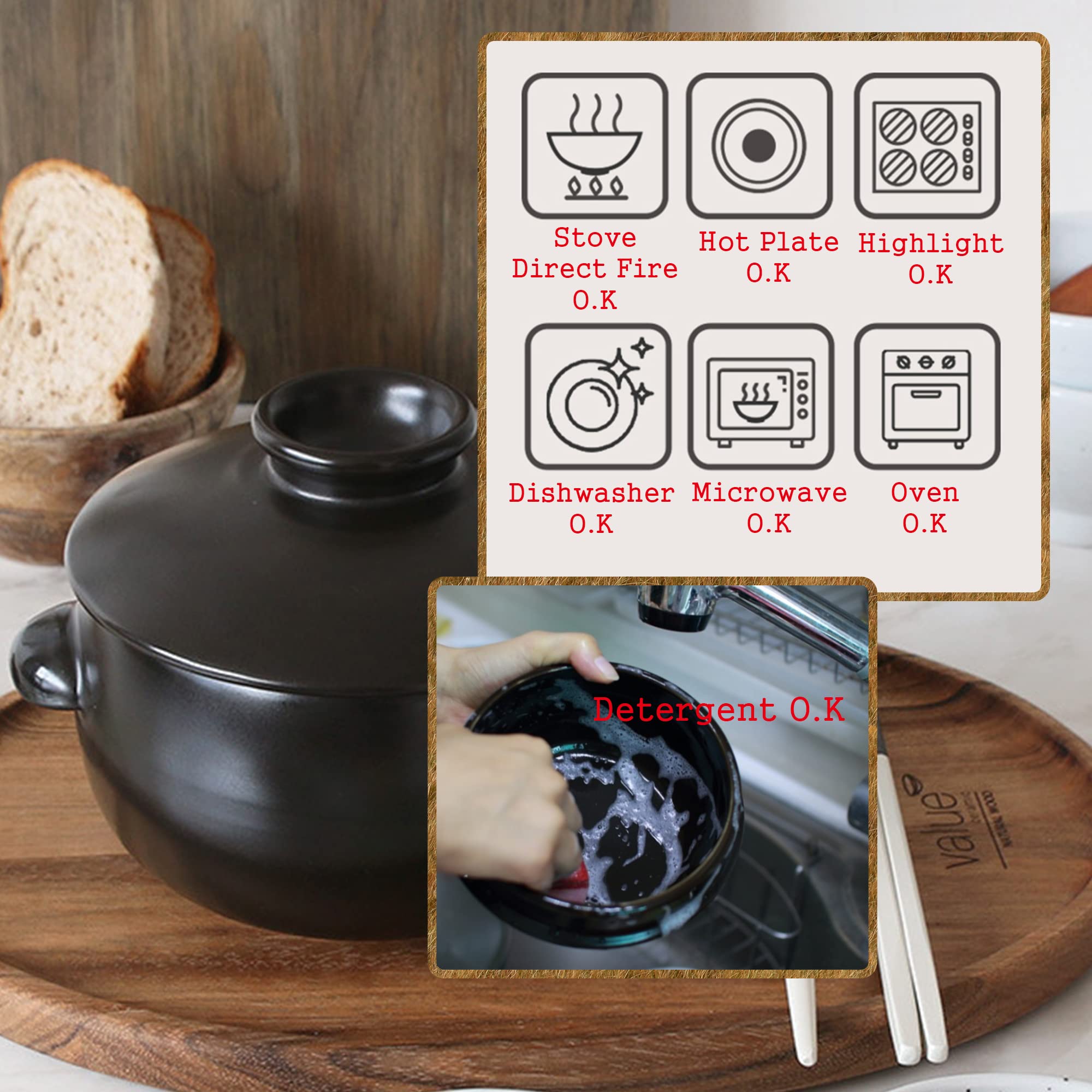 BALWOO Korean Earthenware Pot Ttukbaegi, Ceramic Clay Cooking Pot Petalite Casserole, Heat Resistant Ceramic Pot, Zero-Crack Stone Bowl Stockpot Soup Cookware (Medium)