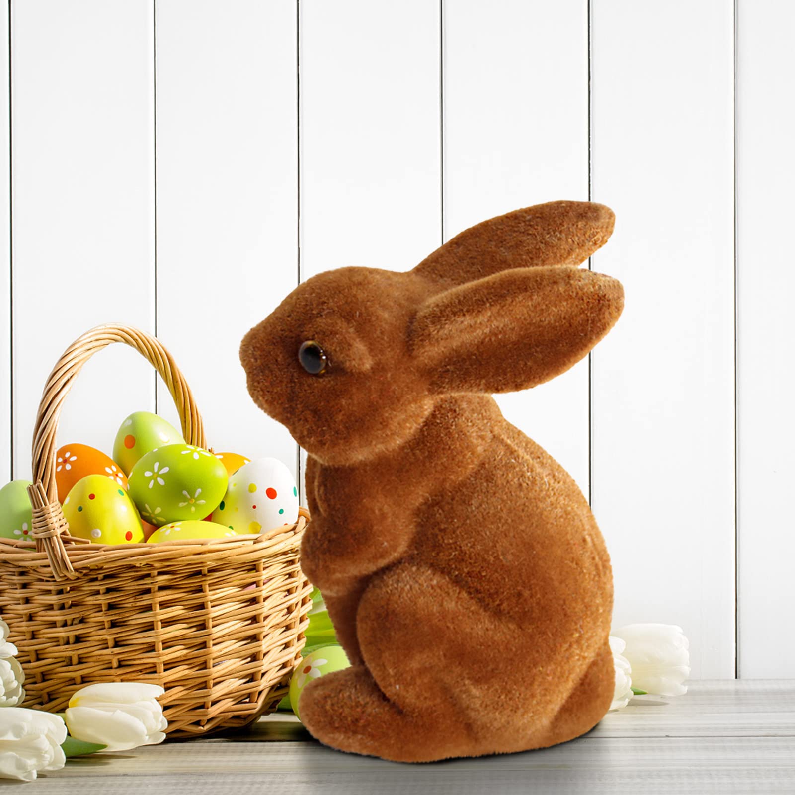 Miaaim Easter Artificial Moss Bunny Furry Flocked Standing Rabbit Miniatures Figurine Easter Table Ornament Holiday Party Decoration Garden Fairy Decor Yard Lawn Spring Ornament