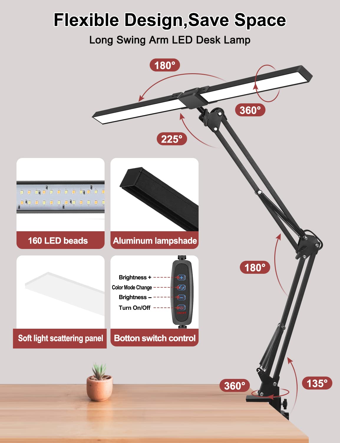 BRISON Double Head LED Desk Lamp, 24W for Home Office with 160 LED Beads, Swivel Arm Architect Desk Light with Clamp, 3 Lighting 10 Brightness, Adjustable Table Light for Read/Monitor/Work