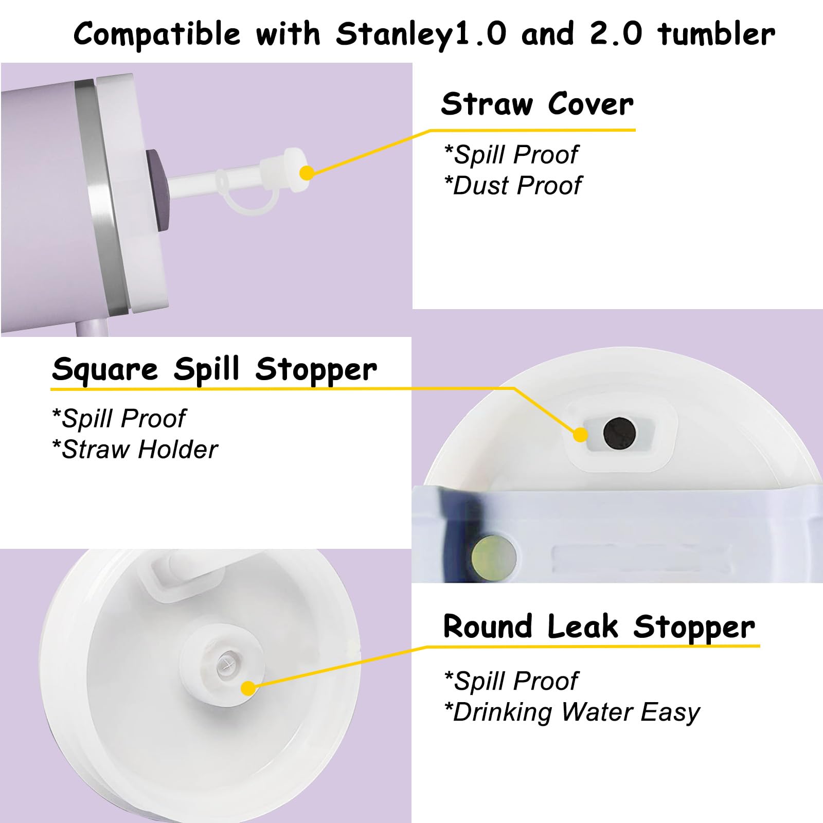 Stanley Cup Accessories Set,Includes 2pcs 0.4in Straw Covers, 1 Spill-Proof Stopper for 6-10mm straw, 1 Name ID LetterA Handle Charm, and 1 Silicone Boot,Fits Stanley 30&40 Oz Tumbler(A)