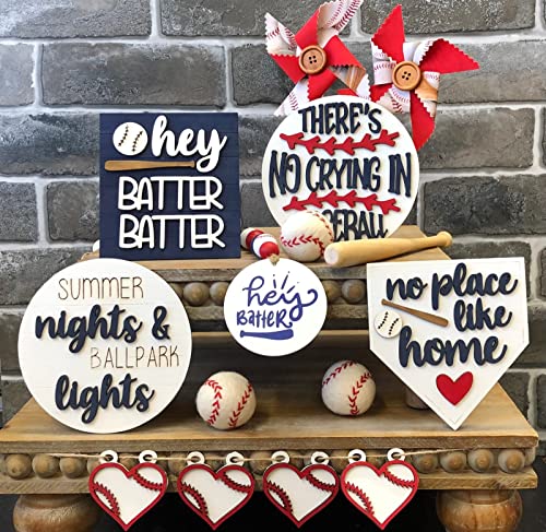 HEALT 8 PCS Baseball Rugby Golf Tiered Tray Decor,Sports Wooden Signs Items Decor,Rustic Farmhouse Tray Sets for Kitchen Home Table Decor Ball Themed Games Contest Party Supplies (Baseball_03_8pcs)