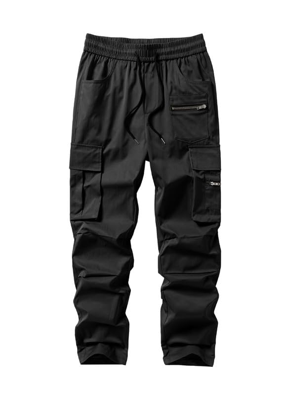 JMIERR Men Casual Cargo Pants Elastic Waist Drawstring Tactical Pant Lightwight Hiking Joggers Pants Loose Fit with Multi Pockets, US 34(M), 1 Black