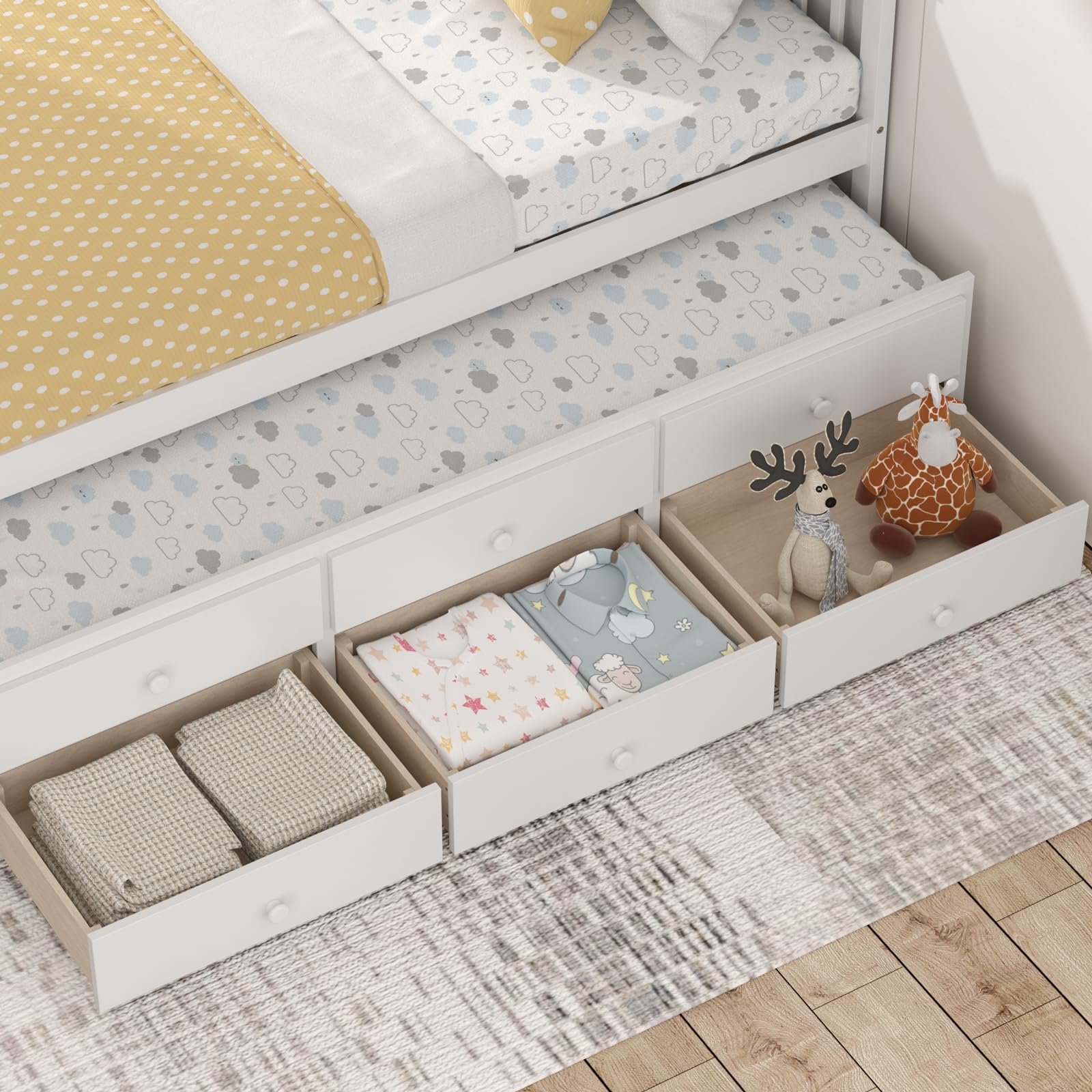 KOMFOTT Wood Twin Trundle Bed with Storage Drawers, Daybed with Trundle, No Box Spring Needed Daybed Frame, Twin Size Captain’s Bed
