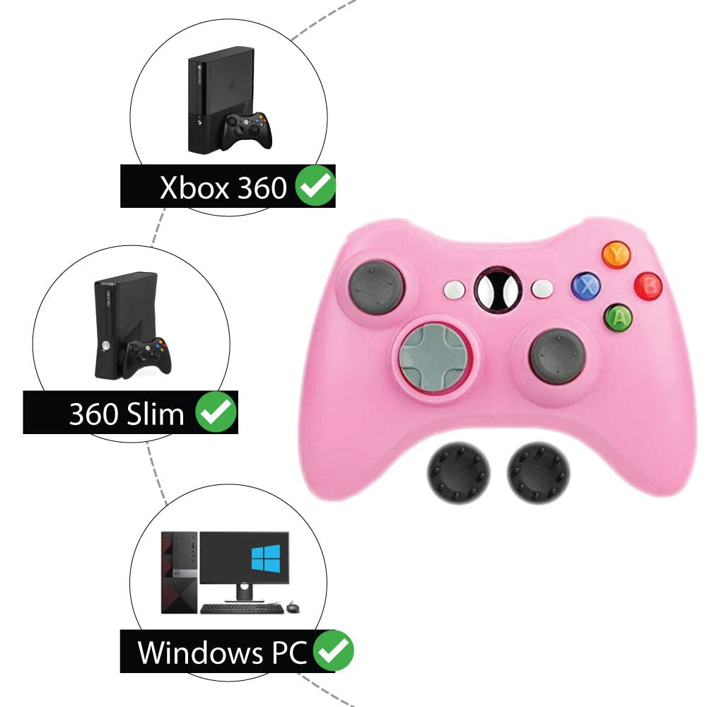 BEK Controller replacement for Xbox 360 Controller Wireless Remote Gamepad Non-Slip Joystick Thumb Grips Double Shock Live Play Compatible with Microsoft Xbox 360 Slim PC Windows 10 8 7 Color (Pink)