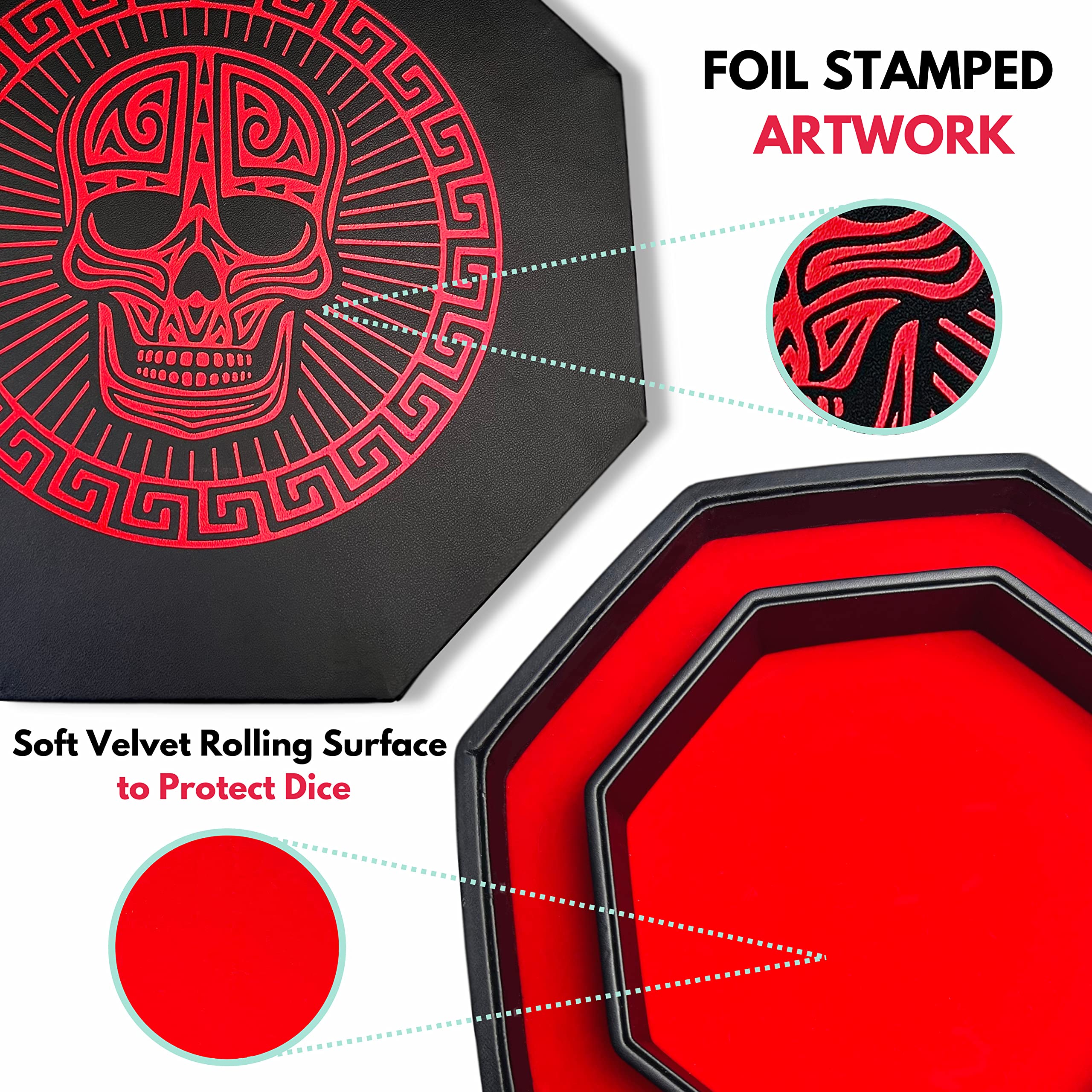 Luck Lab 8 Inch Dice Tray with Lid and Dice Staging Area for Table Top Gaming - Red Tribal Skull Design
