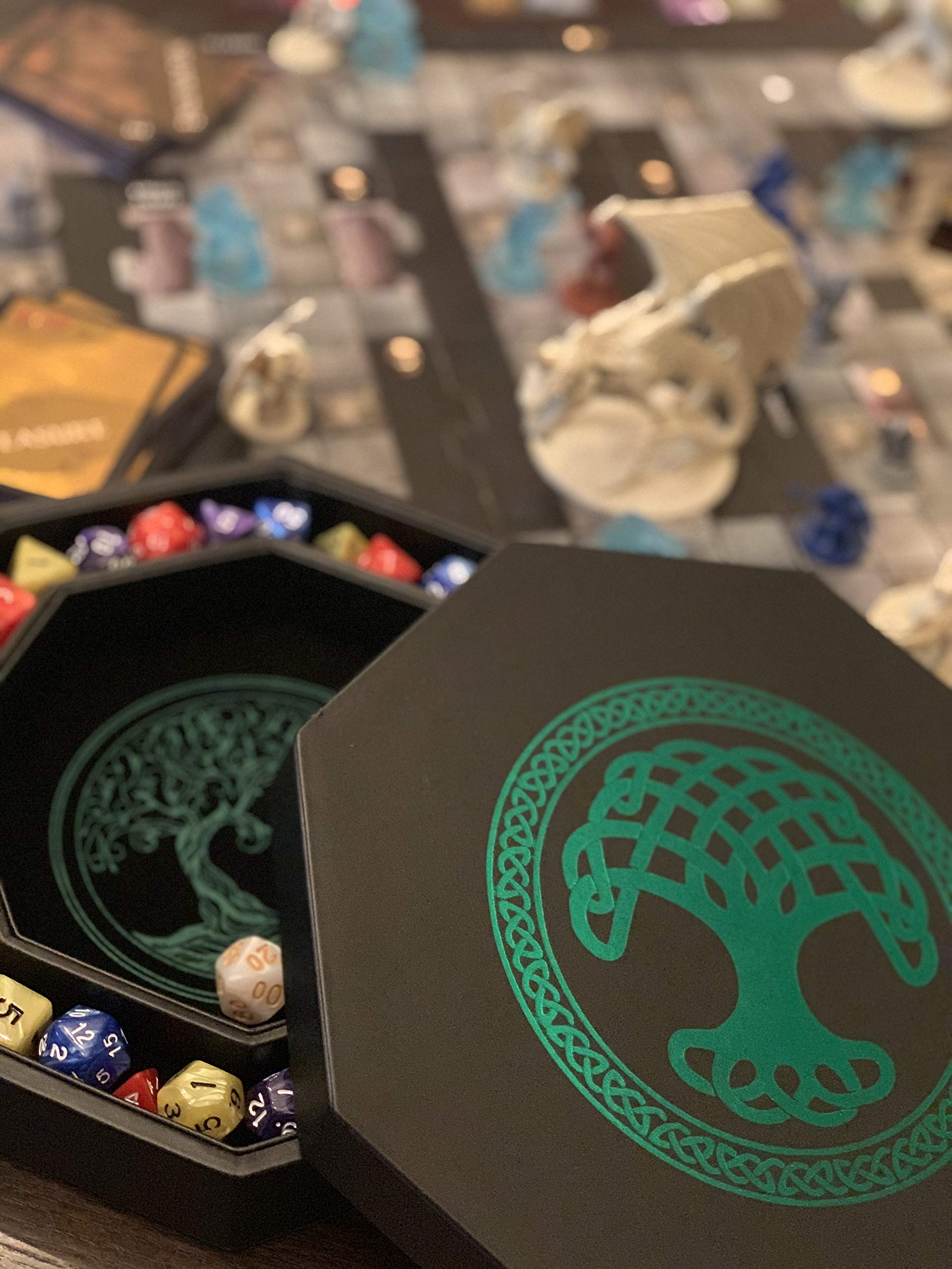Luck Lab 8 Inch Dice Tray – Green - with Lid and Dice Staging Area for RPG Table Top Gaming- Tree of Life Design