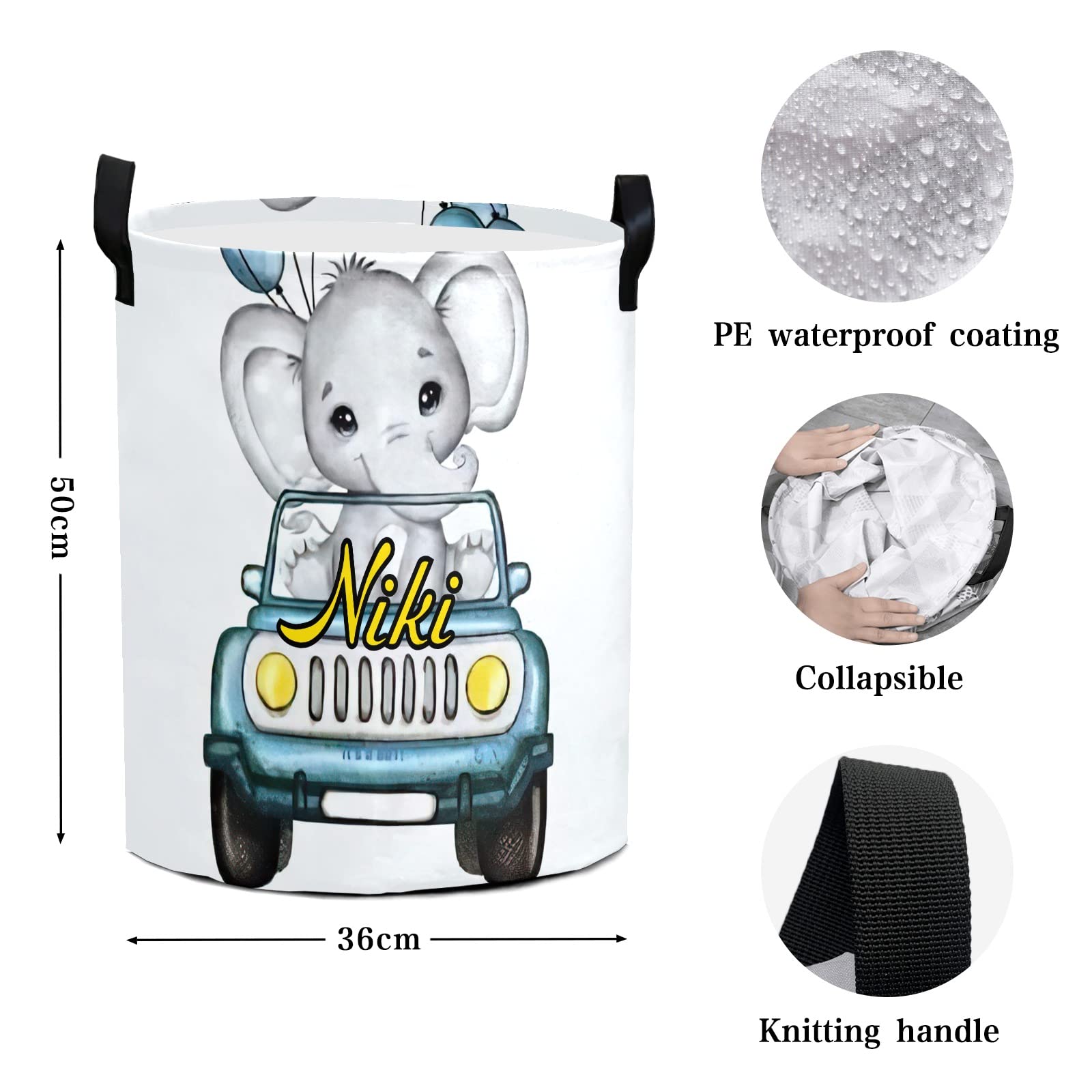 BigBigift Little Elephant with Car Laundry Basket Personalized with Name Laundry Hamper with Handle Organizer Storage Bin Bedroom Decor for Boys Girls Adults