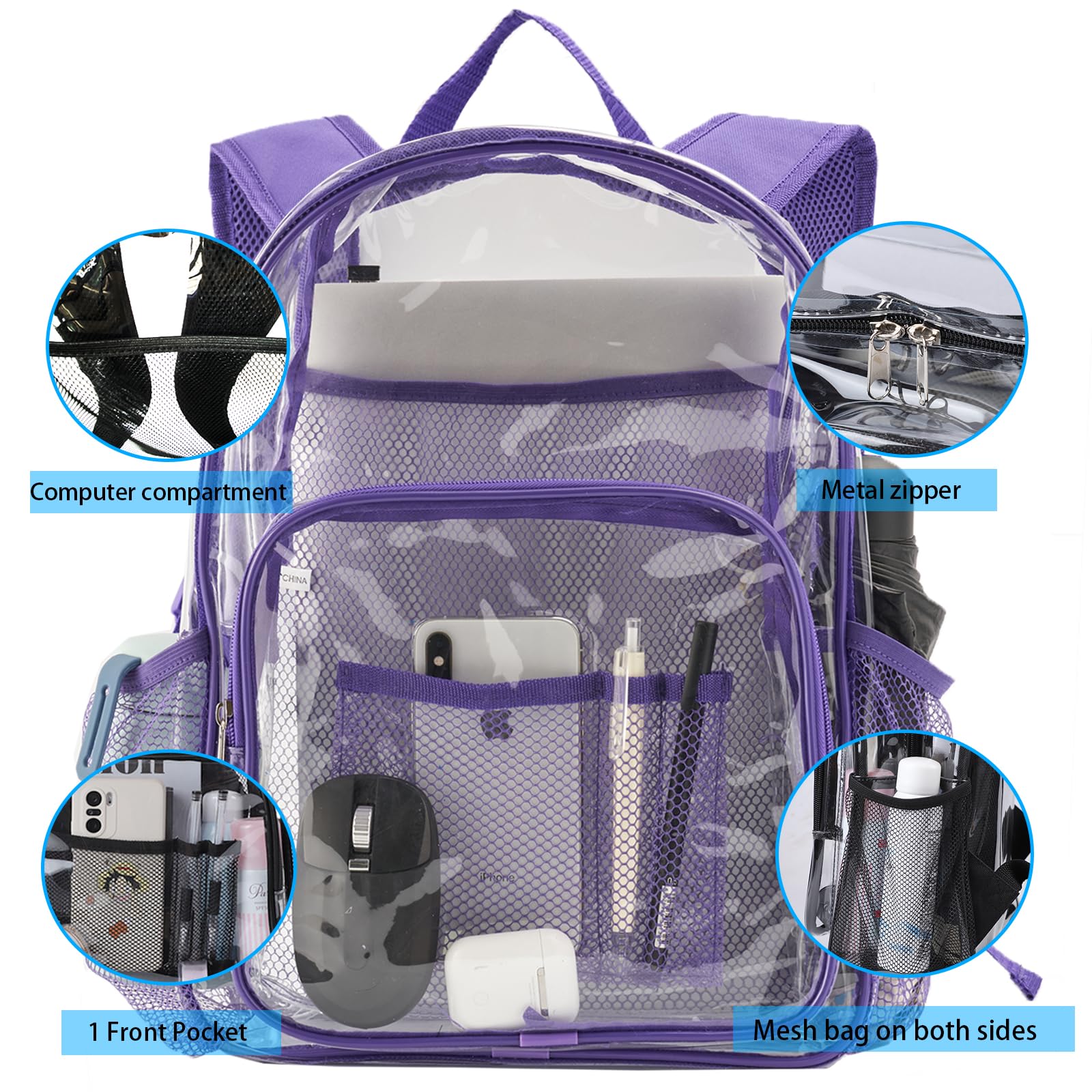 BAJNOKOU Clear Backpack Stadium Approved for Women Men Heavy Duty PVC Transparent See Through Backpacks for School Work Travel,Purple