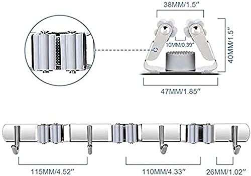 Broom Mop Holder, Wall Mounted Heavy Duty Stainless Steel Storage Rack Organization Tools, Kitchen Garden Garage Or Bathroom Organization and Storage (3 Clip 4 Hook)