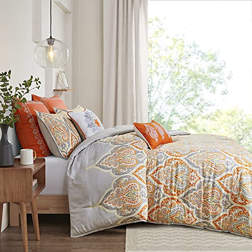 Madison Park Nisha Sateen Cotton Comforter Set, Breathable, Soft Cover, Trendy, All Season Down Alternative Cozy Bedding with Matching Shams, King/ California King, Orange 7 Piece