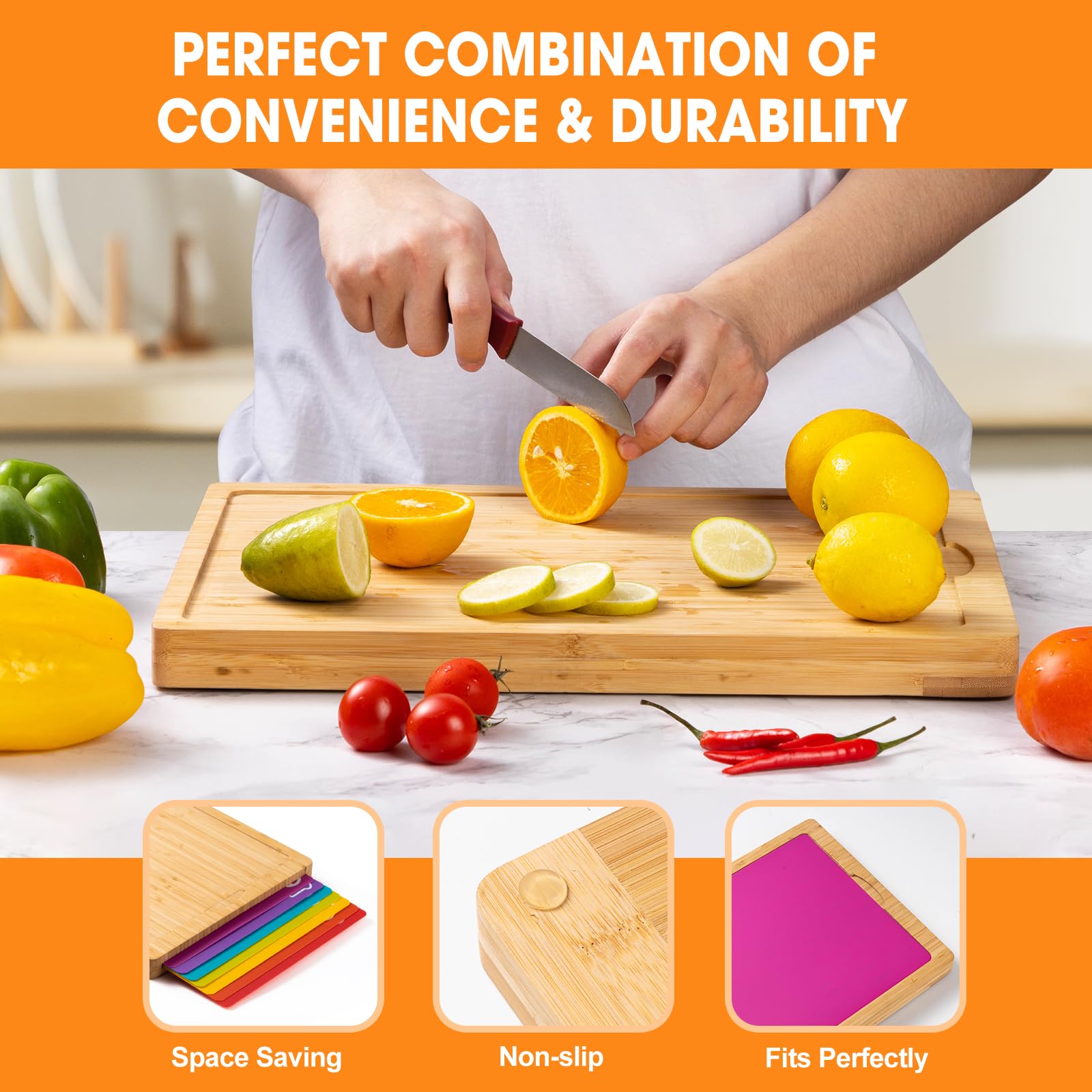 Bamboo Wood Cutting Board Set with 7 Flexible Cutting Mats with Food Icons, Easy to Clean Cutting Boards for Kitchen