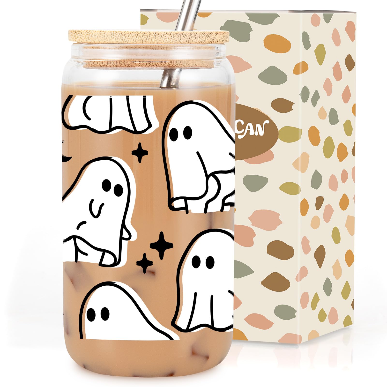 Coolife Funny Halloween Ghost Cup for Women, Cute Spooky Iced Coffee Cup, 16 oz Halloween Tumbler Glass Cups w/Lids Straws, Spooky Gifts for Her Teens, Boo Basket Stuffers, Halloween Gifts for Women