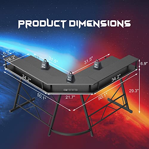 HYTXEN Gaming Desk with Led Lights, L Shaped Corner Computer Desk with Power Strip, Carbon Fiber Surface Gaming Table with Monitor Stand&Cup Holder, Headphone Hook, Graphite Black