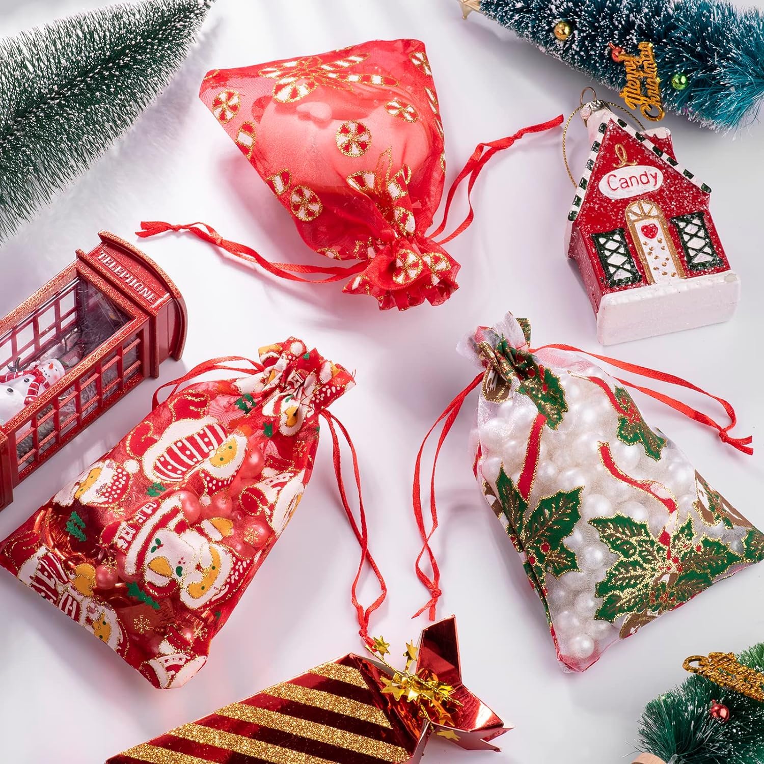 GoClimber 50 PCS 4x6 Inches Mixed Color Christmas Organza Gift Bags with Drawstring, Jewelry Candy Bags for Christmas