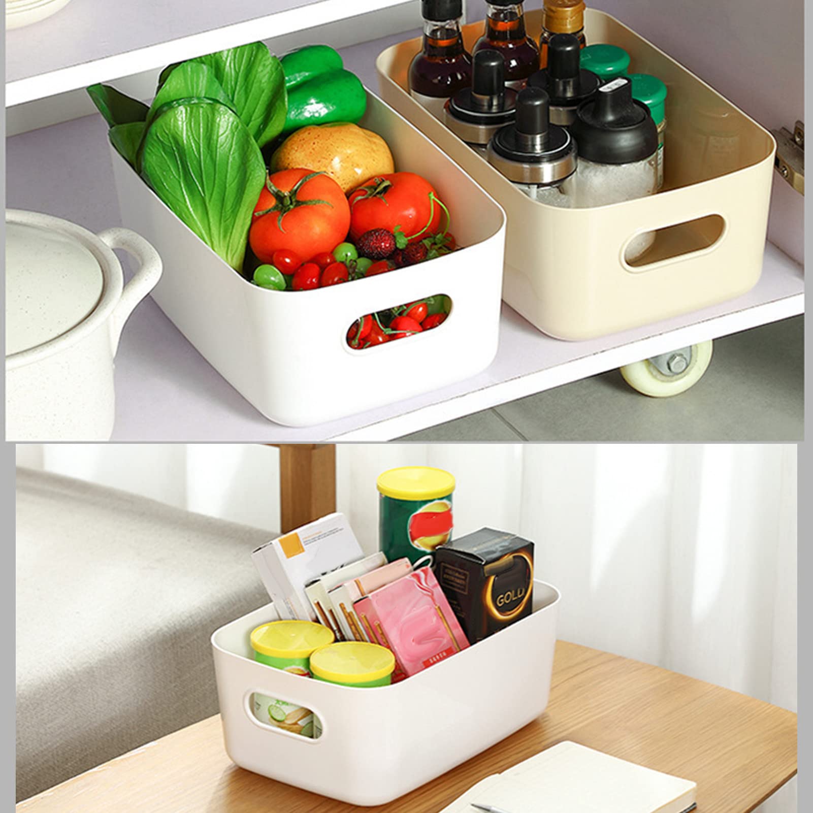 CHEOTIME Plastic Storage Basket, Desktop Storage Basket with Handle Reusable PP Cosmetic Storages Box Desktops Sundries Organizer with Handle for Household(Medium-White)