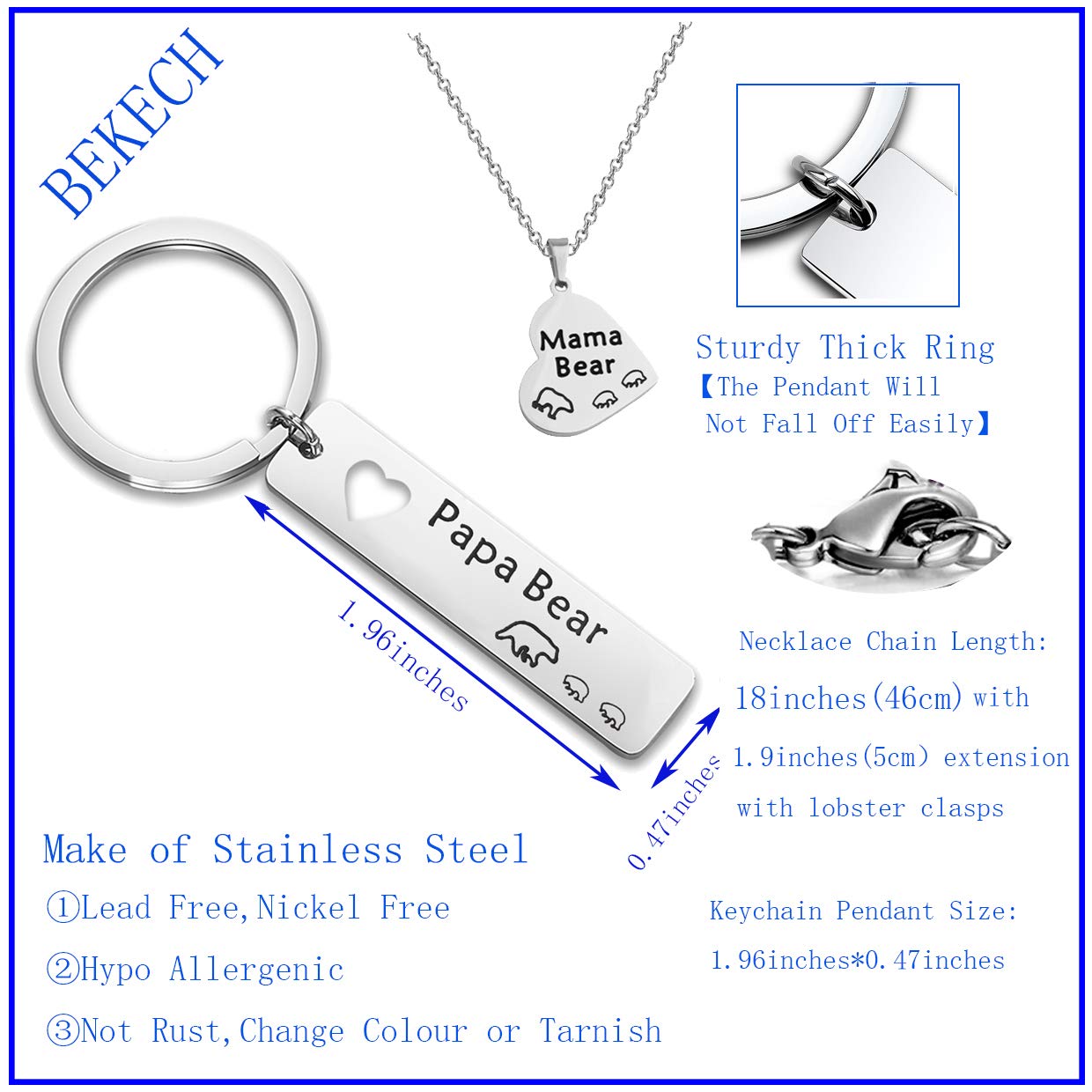 BEKECH Papa Bear Mama Bear Keychain Necklace Set Family Couples Jewelry Gifts for Mom & Dad (2 cubs)