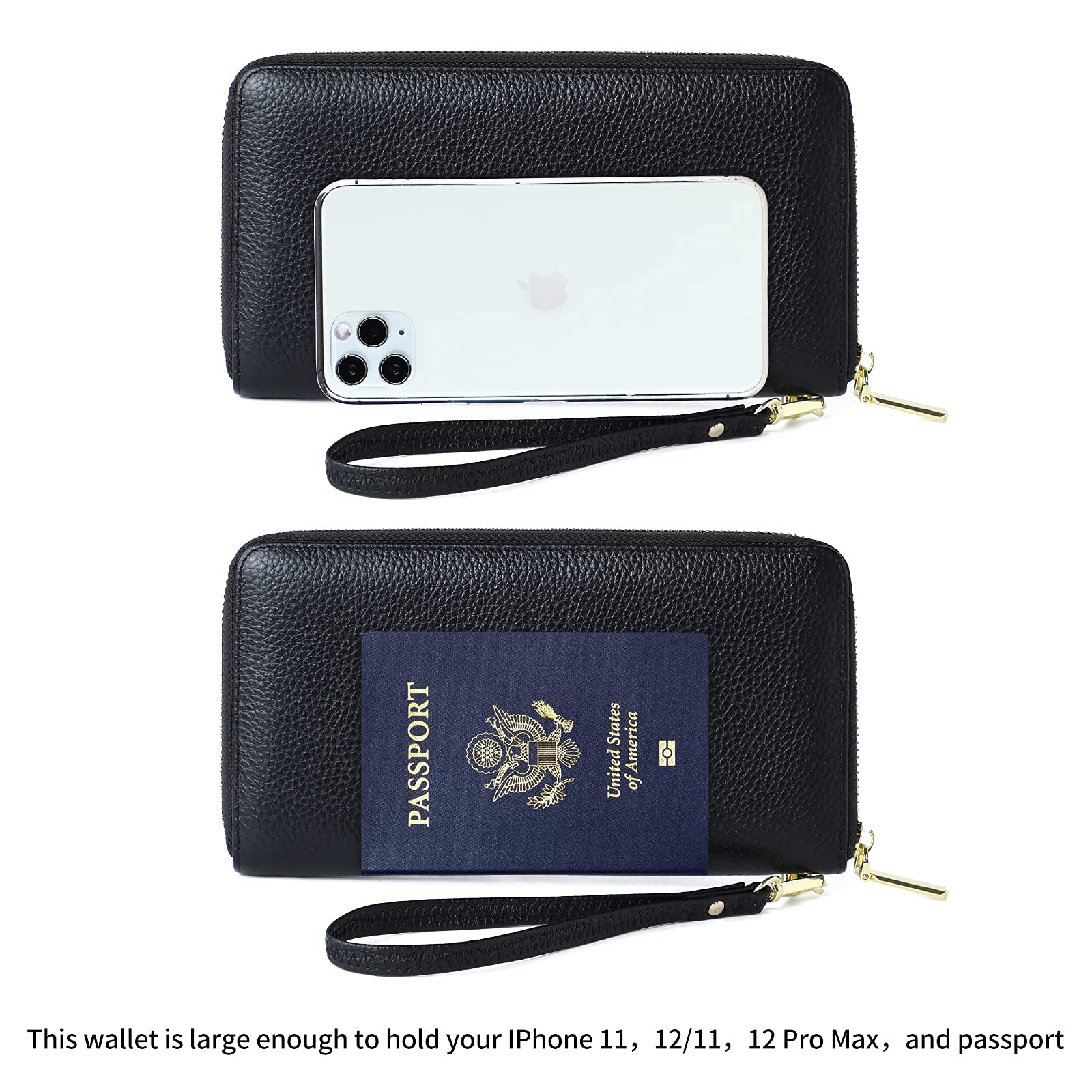 Seammer Women's RFID Blocking Leather Zip Around Wallet Clutch Large Phone Holder Wristlet Travel Purse (Black)