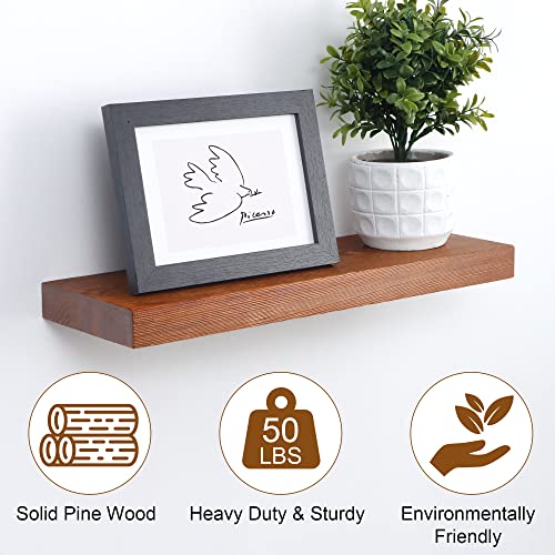 Marsmiles Floating Shelves Solid Wood Set of 2, Rustic Wood Wall Shelves, Wooden Wall Mounted Farmhouse Shelves for Bathroom Kitchen Living Room Bedroom - Light Walnut