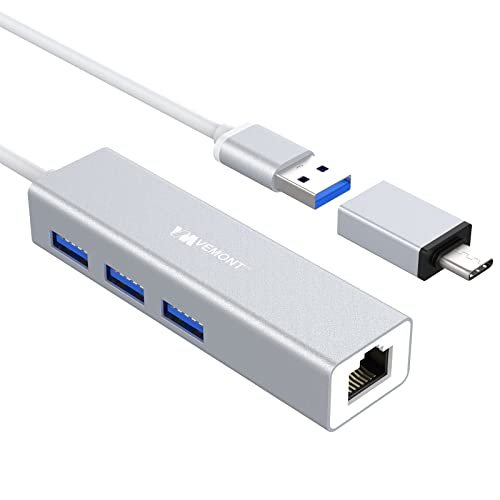 USB 3.0 Hub with Gigabit Ethernet Adapter,VEMONT Aluminum USB 3.0 to 1000M LAN Port & 3 USB 3.0 Ports,USB Splitter with Type C Adapter Compatible for Mac, Chromebook,Surface,and Other PC/Laptop