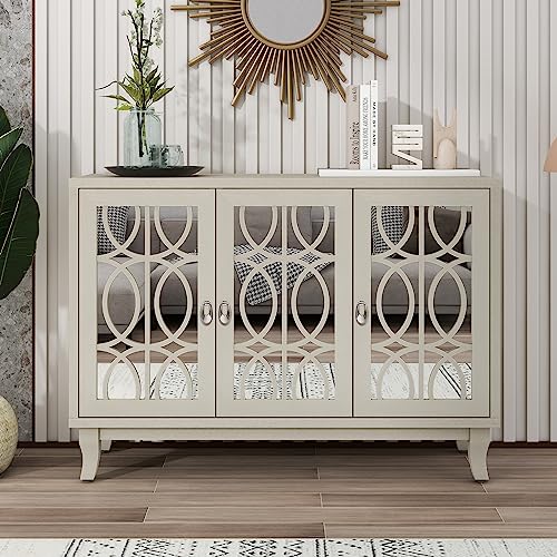 Goujxcy 47.2" Modern Mirrored Console Table, Vintage Rectangular Console Table Buffet Sideboard with 3 Mirrored Glass Doors, 2 Cabinets and 2 Adjustable Shelves for Entryway/Living Room (Champagne)