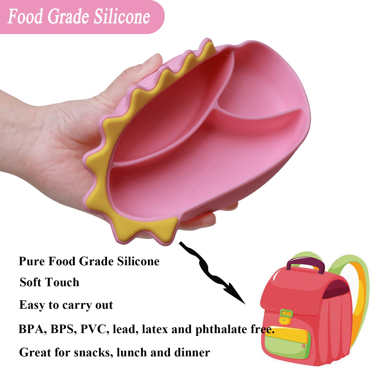 KAVONOI Baby Feeding Set,Silicone Suction Plate Dinosaur Shape SelfFeeding Adjustable Bib, Suction Plate for Baby Toddler with Spoon Fork Adjustable Bib Set -Pink Dinosaurs