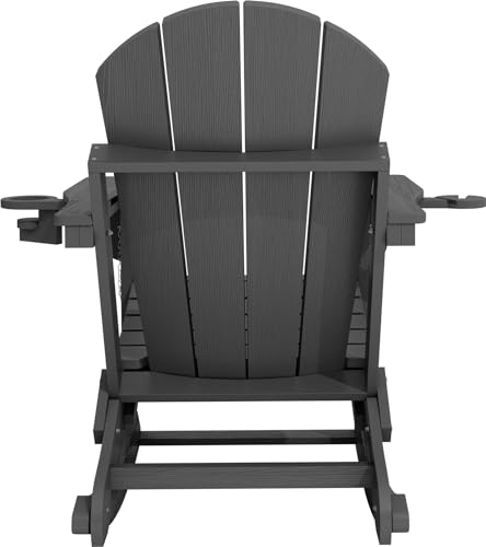 KINGYES Folding Adirondack Rocking Chair with Retractable Ottoman and Cup Holders, 4-in-1 Multifunctional HDPE Adirondack Chair for Porch, Patio, Balcony, Leaden Grey